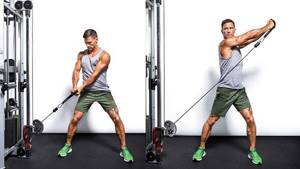 Lumberjack exercise on a block, with a kettlebell and a dumbbell ...